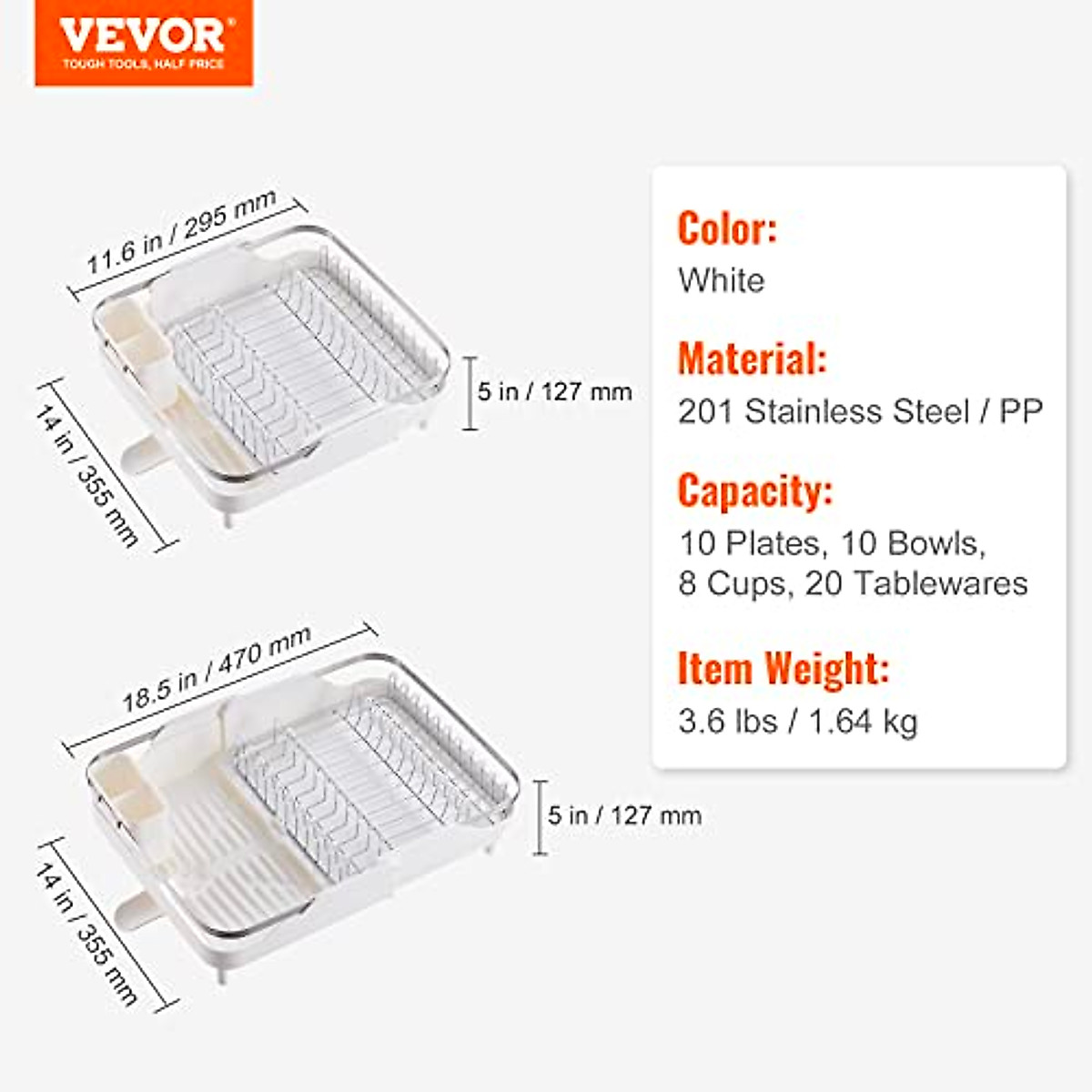 VEVOR Dish Drying Rack, Expandable (11.6"-18.5") Stainless Steel Dish Drainer with Drainboard, Large Capacity Storage Space Saver, Single Tier Cup and Utensil Holder for Kitchen Counter Over The Sink