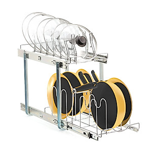 BONADOM Pans and Pots Lid Kitchen Slide Out Pull Cabinet Organizer for Lid Cookware Cutting Board Bakeware Shelf Sliding Wire Rack-2 Tier Heavy Duty Under Sink 11”W x 21”D x 19.09”H