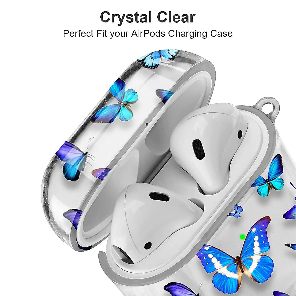 Maxjoy for AirPods Case Cover, Clear AirPod Case for Women Girly Cute Soft Protective Transparent iPod Case with Keychain Clip for AirPods 2nd 1st Generation Charging Case 2&1, Blue Butterfly