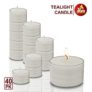 Ner Mitzvah Long Burning Tealight Candles - 8 Hours - White in Clear Cups - Unscented - 40 Pack - Made in EU