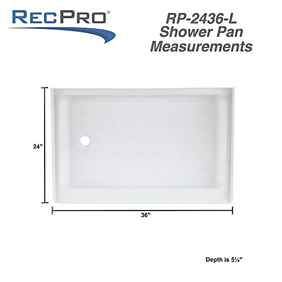 RecPro RV Shower Pan | 36" x 24" x 5" Left Drain in White | RV Shower Base | Camper Shower Pan