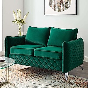 Altrobene Velvet Loveseat, Modern Sofa Chair Couch for Two People, Soft Upholstered, Silver Tone Metal Legs, Christmas Green