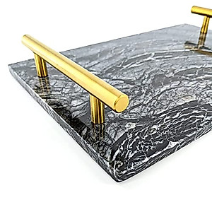 BustleDust Handmade Marble Decorative Tray with Golden Handles,Vanity Tray, Cosmetics Perfume Tray, Jewelery Diplay Tray, Dresser Organizer Tray(Black 11.8 x 7.9 x 0.39in)