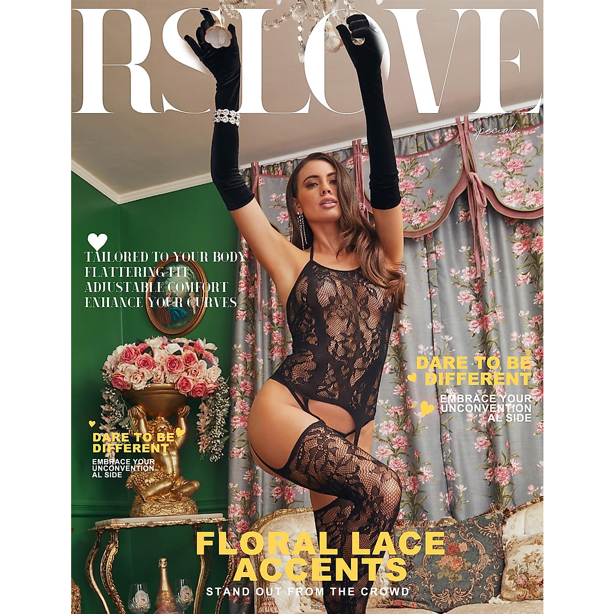 RSLOVE Women Fishnet Bodystocking Attached Stockings Sexy Lingerie Crotchless Bodysuit One Piece Babydoll One Size Black