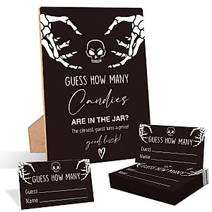 Halloween Guess How Many Candies Are In The Jar Game, Pack of 1 Wooden Tabletop Sign with Stand and 50 Guessing Cards, Black Gothic Baby Shower Game, Gender Reveal Party Decorations - WV03