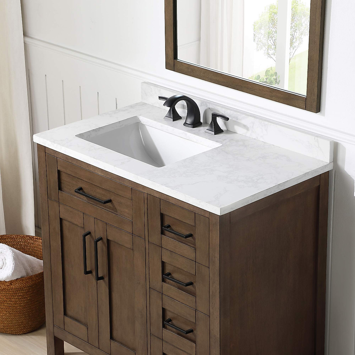 OVE Decors Maya Plus 36 in. Single Sink Bathroom Vanity in Almond Latte Finish, Black Hardware and Included Power Bar