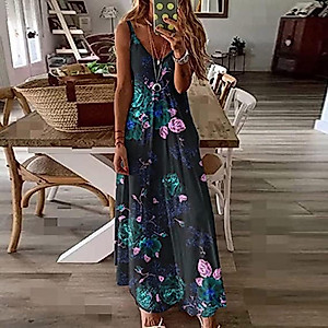 Midi Dresses for Women Wedding Guest Women Summer Casual Sexy Sleeveless V Neck Long Flower Print Dress Dark Blue