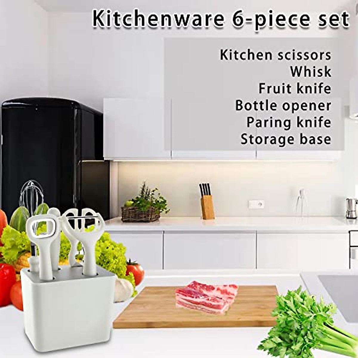 COMUSTER Kitchen Gadgets Set,Kitchen Scissors, Kitchen Utensils Set with Holder, Paring Knife,Whisk,Bottle Opener,Peeler- Home Kitchen Gadgets(White 6 Pieces set)