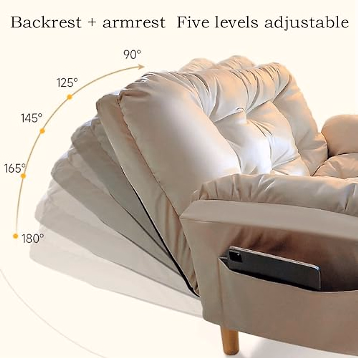 Modern Padded Lazy Couch, Small Double Sofa Bed, 5 Adjustable Backrests and Armrests, Loveseat with 4 Wooden Legs, for Living Room Bedroom Study Room