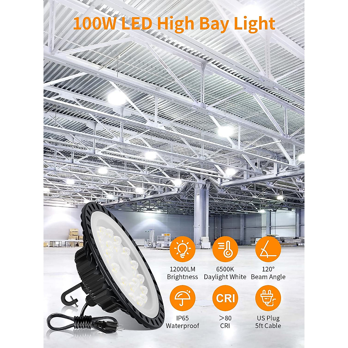 LED High Bay Light, 100W 12000LM UFO LED High Bay Lights with US Plug 5' Cable, Eqv.400W MH/HPS, 6500K Super Bright LED Shop Lights IP65 Area Light Fixture Bay Lighting for Garage Factory Workshop