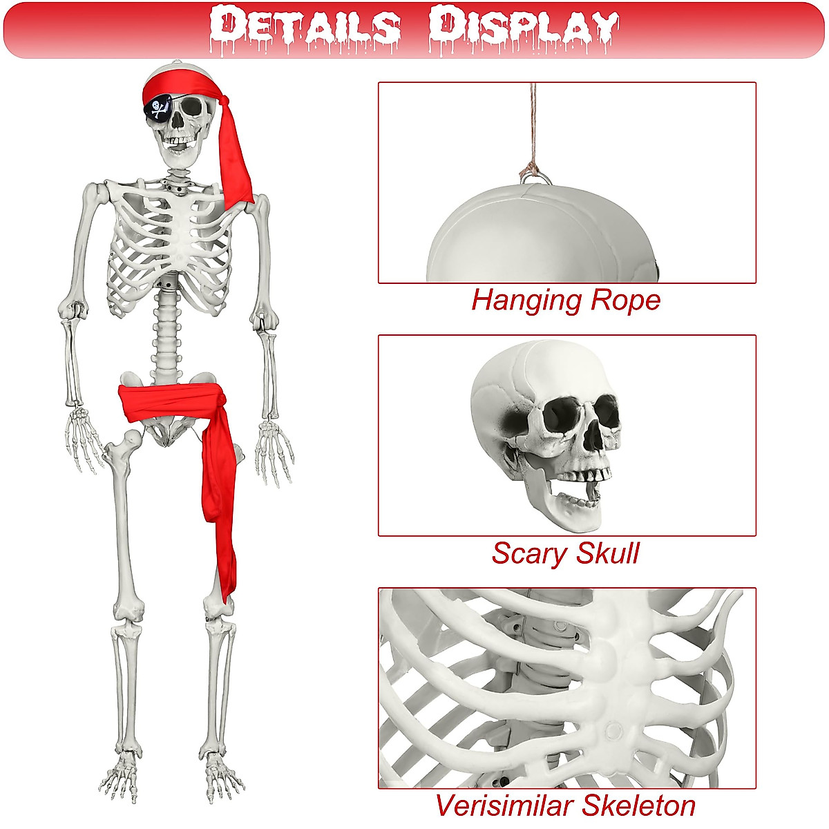 Fovths 5.4Ft/165 cm Pre-Assembled Halloween Skeleton Decoration Life-Size Skeleton Full Body Posable Human Bone with Movable Joints Headband Belt Eye Patch for Halloween Outdoor Yard Haunted House