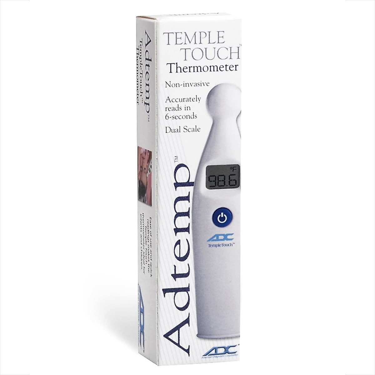 ADC427QEA - American Diagnostic Corp Adtemp Temple Touch 6 Second Conductive Thermometer, 4-2/3 x 1-1/6 x 1, Dual Scale, 1.5V Battery