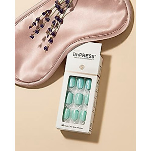 KISS imPRESS Press-On Manicure, Nail Kit, PureFit Technology, Short Press-On Nails, Rain Check', Includes Prep Pad, Mini Nail File, Cuticle Stick, and 30 Fake Nails