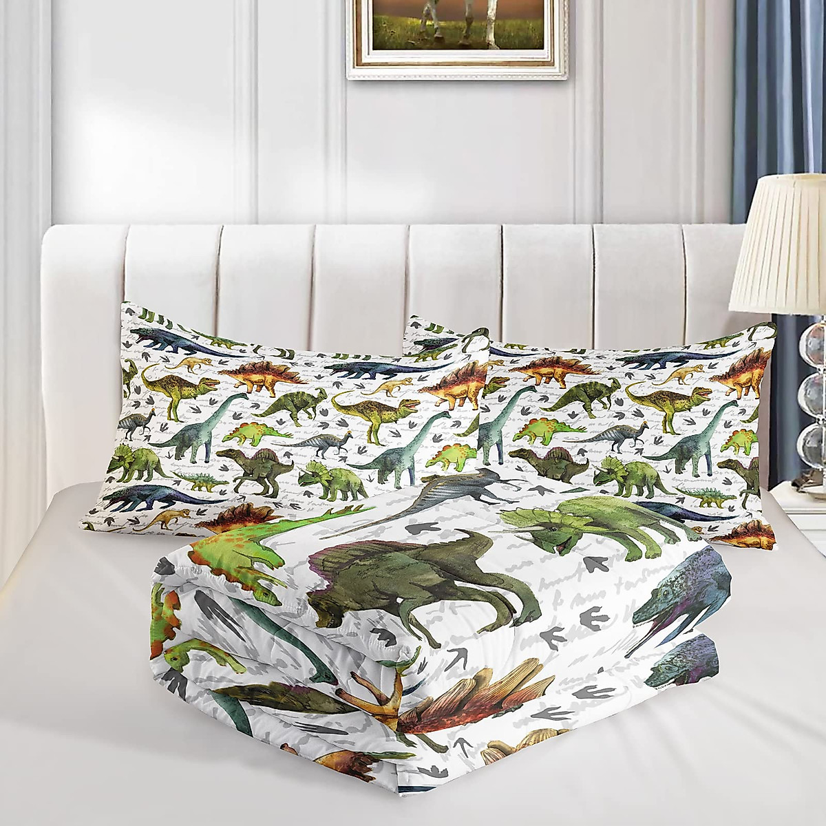 BailiPromise Dinosaur Duvet Set Twin Size,Jurassic Dino 3 Piece Bedding Set,Boys Comforter with Pillow Shames, for All Seasons, Ultra-Soft, Lightweight, Breathable