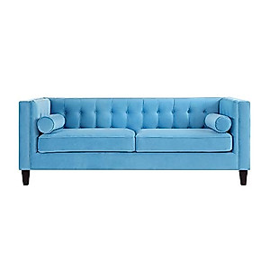 Inspired Home Sky Blue Velvet Sofa - Design: Lotte | Tufted | Square Arms | Tapered Legs | Contemporary