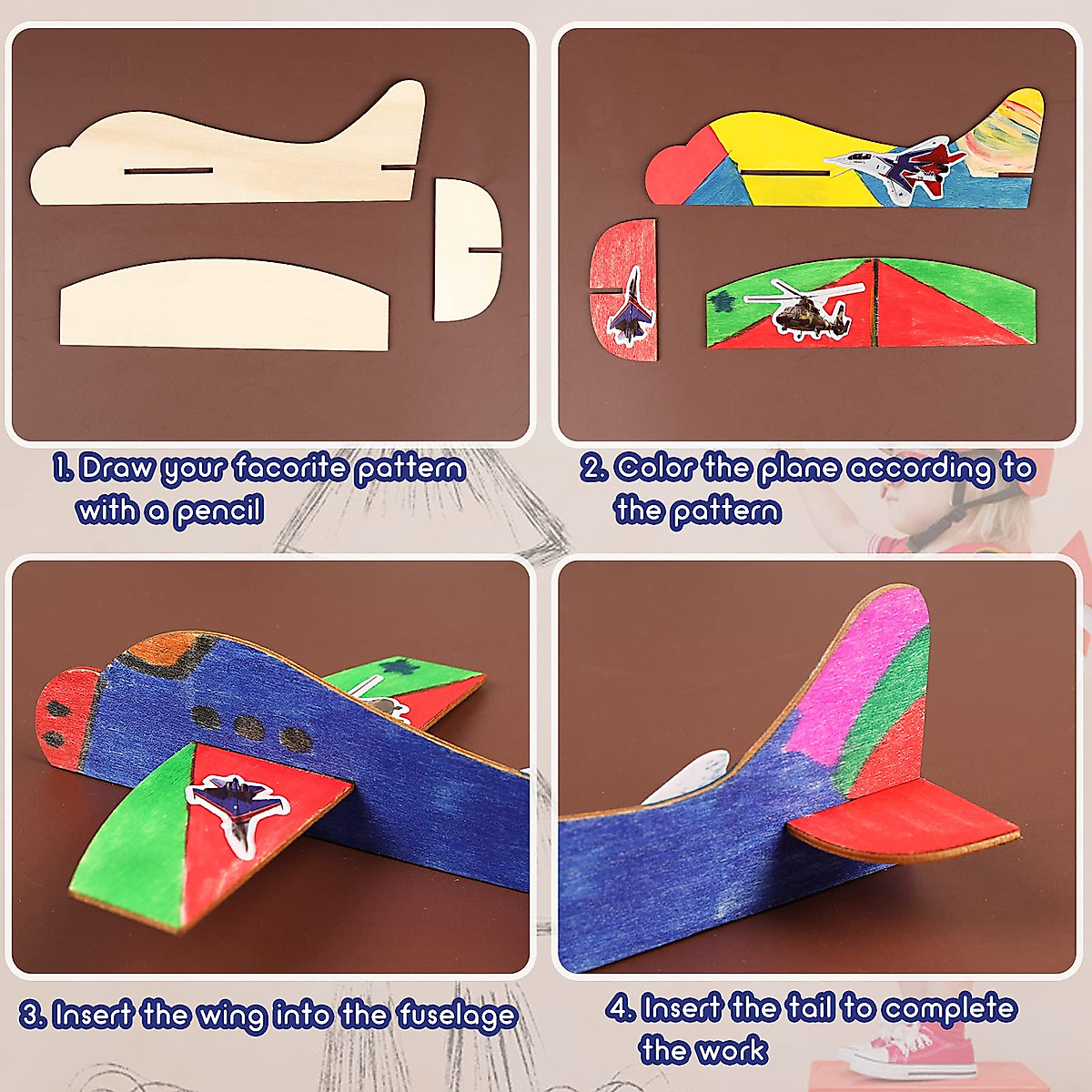 BAPHILE 12 Pack DIY Wood Planes，Mini Airplane Paint and Decorate Wooden Airplane Craft Kits with Decorate Tools for Kids School Craft Decor Projects