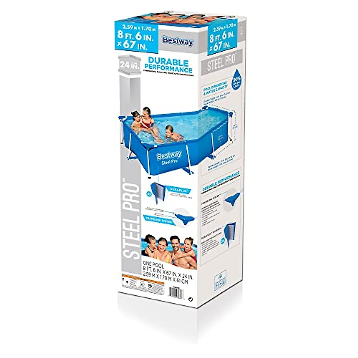 Bestway Steel Pro 8.5 Feet x 67 Inch x 24 Inch Rectangular Steel Frame Above Ground Outdoor Backyard Swimming Pool, Blue (Pool Only)