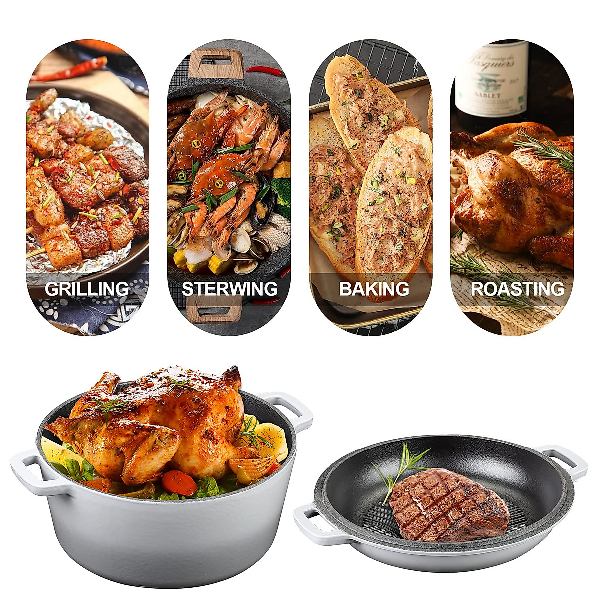 5.5 Quart Enameled Cast Iron Dutch Oven, 2-In-1 Enamel Dutch Oven Pot with Skillet Lid for Grill, Stovetop, Induction (Gradient Grey)