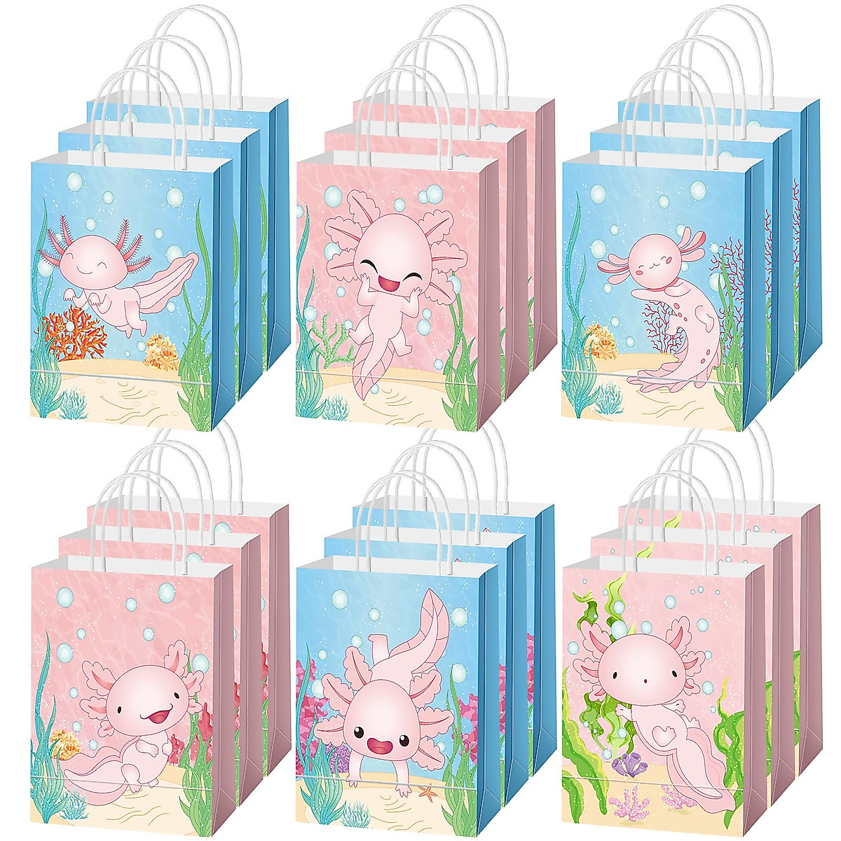 Sumind 24 Pcs Axolotl Party Favor Bags Axolotl Gift Bags Amphibian Themed Waterproof Goodie Bags with Handles for Girl Birthday Baby Shower Party Decorations, 6 Styles