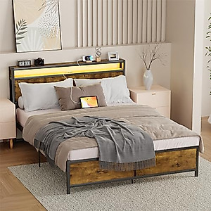 Zevemomo Queen Size Bed Frame with Storage Headboard, Metal Platform Bed Frame with RGB LED Lights & USB Ports, Heavy Duty Metal Slats Support No Box Spring Needed