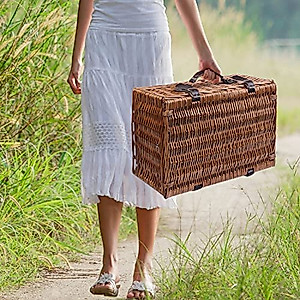 Flexzion Picnic Basket for 4 Person, Rectangular Wicker Picnic Basket Set, Insulated Picnic Case with Waterproof Lining and Blanket, Napkins, Cutlery Set, Wine Glasses, Bottle Opener and Plates