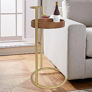 RiteSune Small Gold Round C Table with Handle, 28'' Tall Side Table Slide Under Couch with Brown Wood Top for Coffee and Snack Drink Tray
