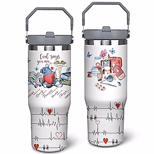 soeufnwhf 30oz Nurse Tumbler Cup with Handle Nurse Travel Coffee Mug, Nurse Nutrition Facts Tumbler, Best Nursing School Gifts, Nursing Graduation Gifts, RN Gifts for Nurses Appreciation Gifts, White