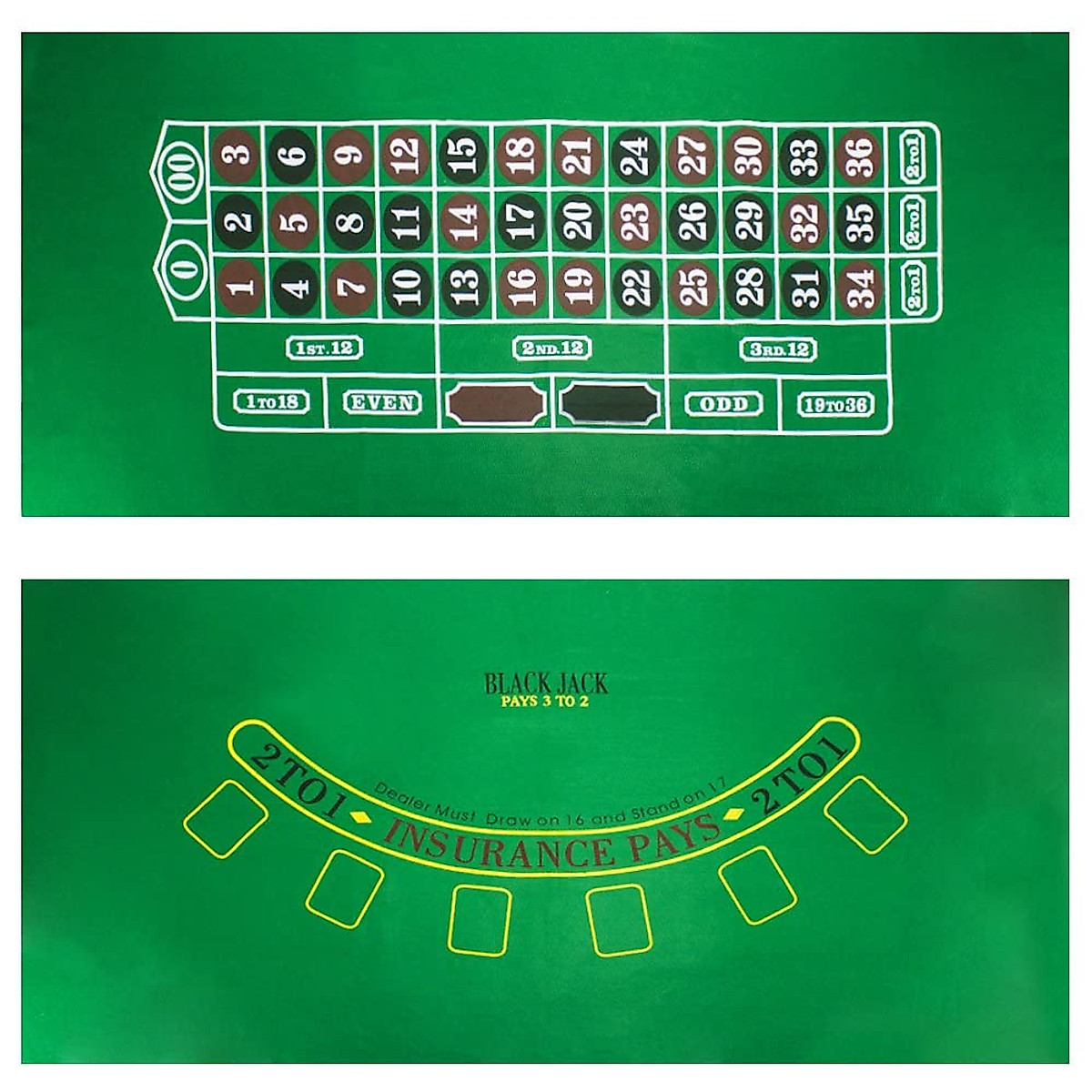 Brybelly Casino Night 2-in-1 Blackjack and Roulette Table Felt Only- Green Felt Double Sided Casino Tabletop Gaming Mat- 72" x 36" - Perfect for Casino Game Night