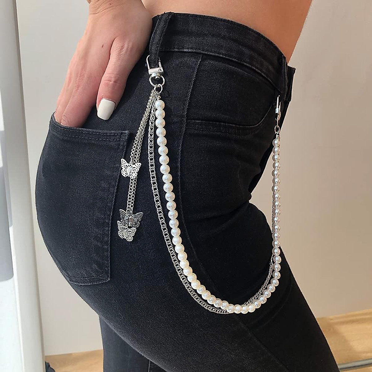 Wiwpar Punk Trouser Chain Pocket Chain Pearl Butterfly Jean Pants Belt Chains Waist Belly Body Chain Silver for Women and Girls
