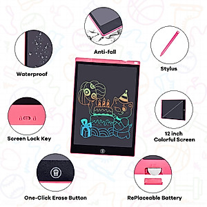 LCD Writing Tablet for Kids, 12 Inch Colorful Doodle Board Toddler Learning Toys, Christmas Birthday Gift for 3 4 5 6 7 8 9 Years Old Girls Boy
