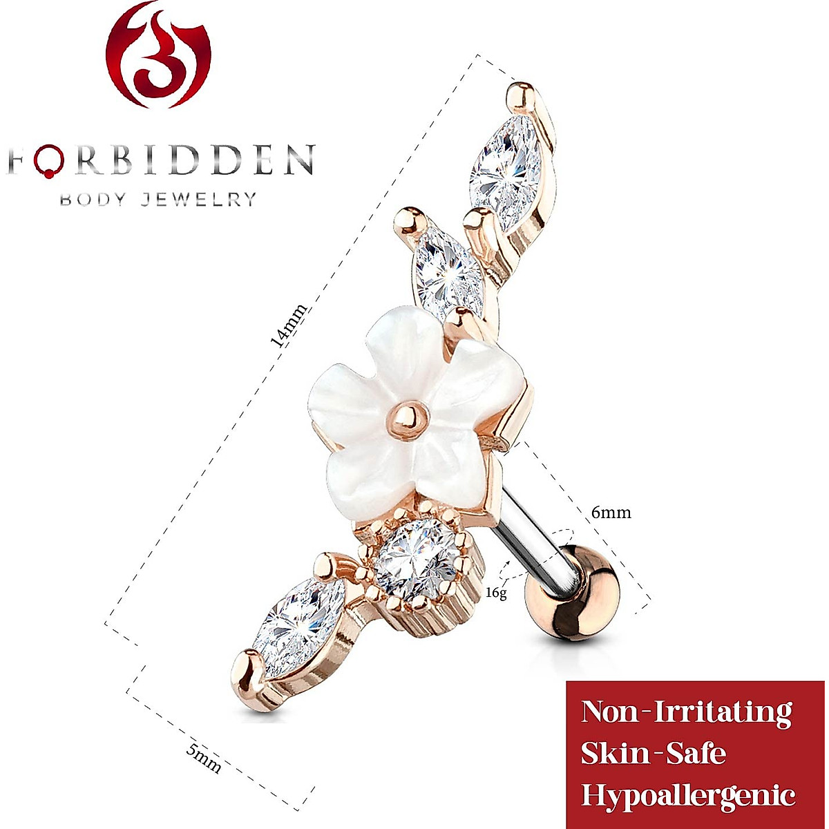 Forbidden Body Jewelry 16g Surgical Steel Cartilage Stud Earring Faux Pearl Flower (Rose Gold Tone)