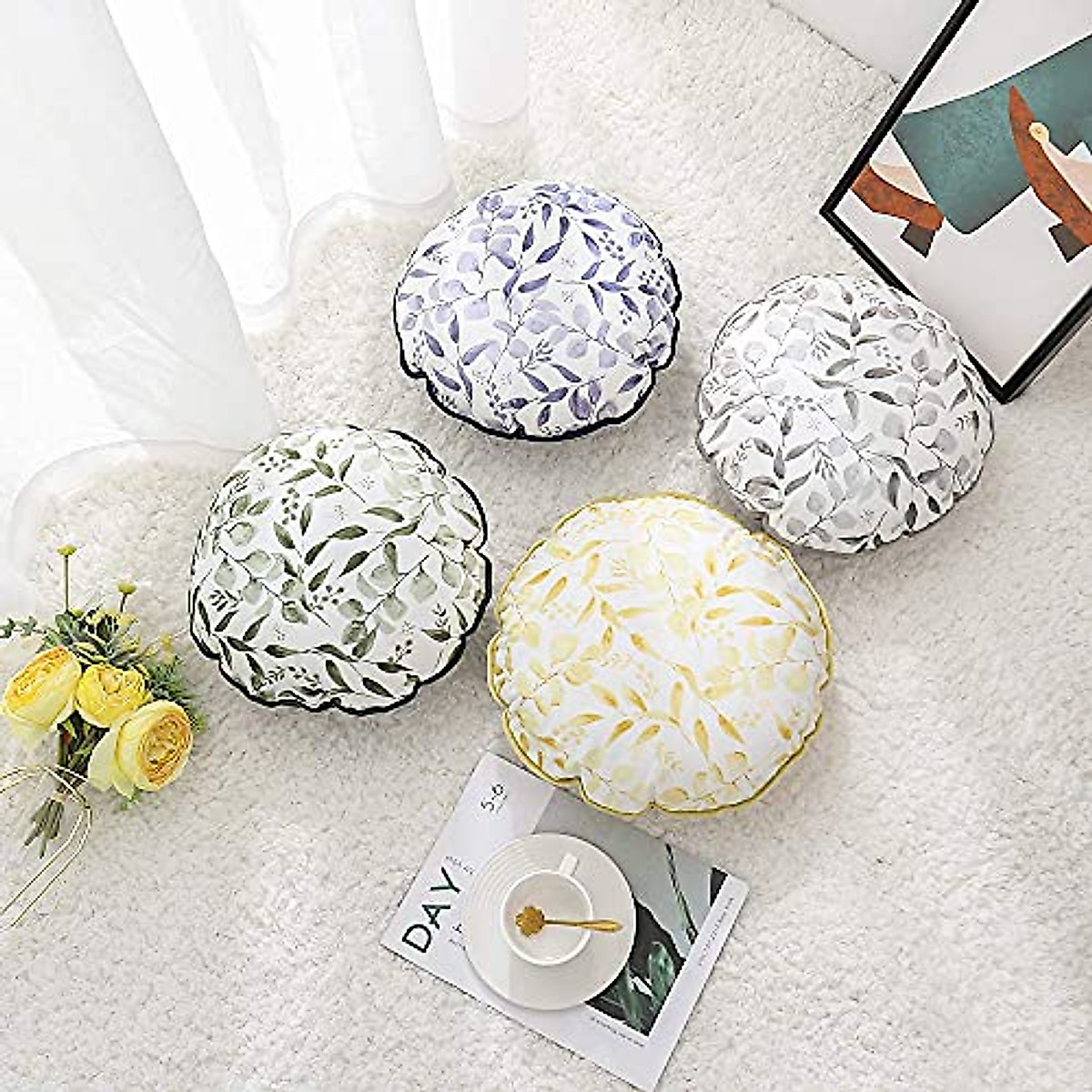 NottingsonHome Velvet Decorative Floral Round Small Pillow Blue 13"x13" Farmhouse Print Botanical Leaf Mini Throw Pillow Rustic Floor Cushions Couch Sofa Decor Welcome Gift,13"x13"x1