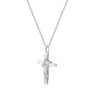 GILDED Small 10K White Gold Natural Round-Cut Diamond Accent (I-J Color, I2-I3 Clarity) 3 Stone Cross Pendant-Necklace,18"