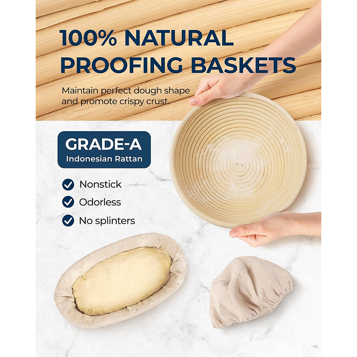 Lorzon Banneton Proofing Basket Set of 2, 10 Inch Round & Oval Cane Bread Proofing Baskets with Sourdough Bread Baking Supplies, Bread Making Kit