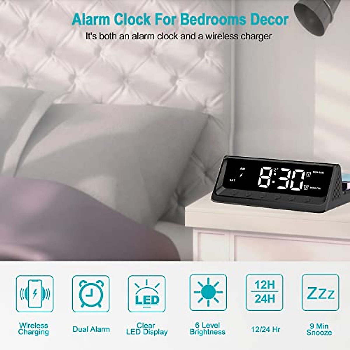 Alarm Clocks for Bedrooms with Charger, Bedside Alarm Clock with Wireless Charging Station, USB Port, Dimmer, Adjustable Volume, Electric Alarm Clock with Battery Backup for Heavy Sleepers Adult Teens