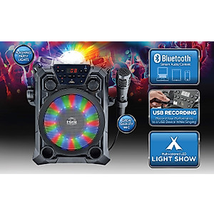 iHome Karaoke Machine with Bluetooth Speaker and Wired Microphone Designed for Kids and Adults, Includes USB Recording Feature and Party Lights
