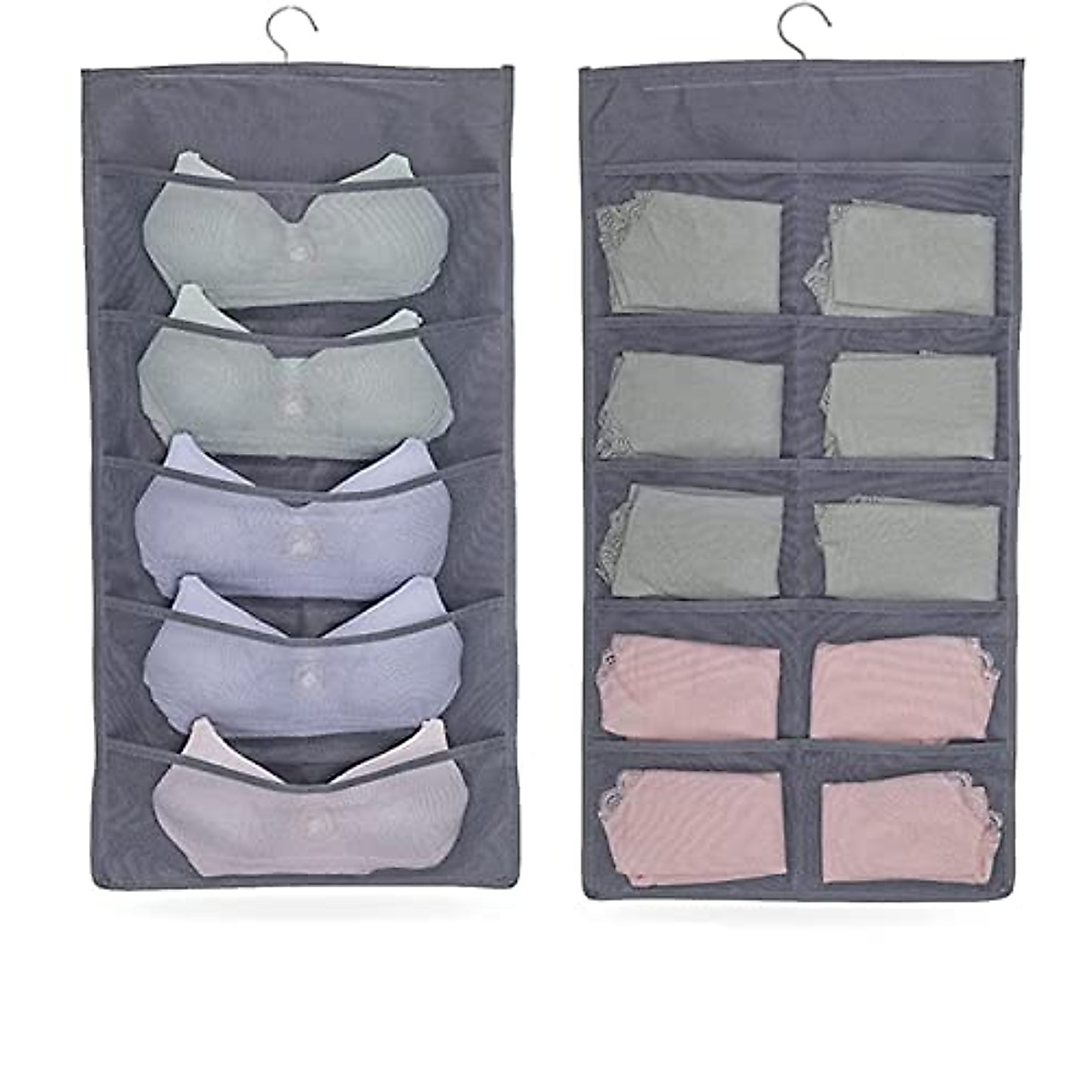 Storage hanging bag, Dual-Sided Hanging Bra Storage Organizer with Metal Hanger, Dual-Sided Hanging Storage Organiser for Underwear, Panties，Stocking,Bra and Sock (5+10 Pockets, Gray)