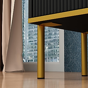 ECACAD Modern Bookcase Storage Cabinet with 2 Glass Doors and 3 Ripple Drawers, Wood Bookshelf Display Cabinet with Metal Legs for Living Room & Office, Black (31.5”L x 15.7”W x 71.9”H)