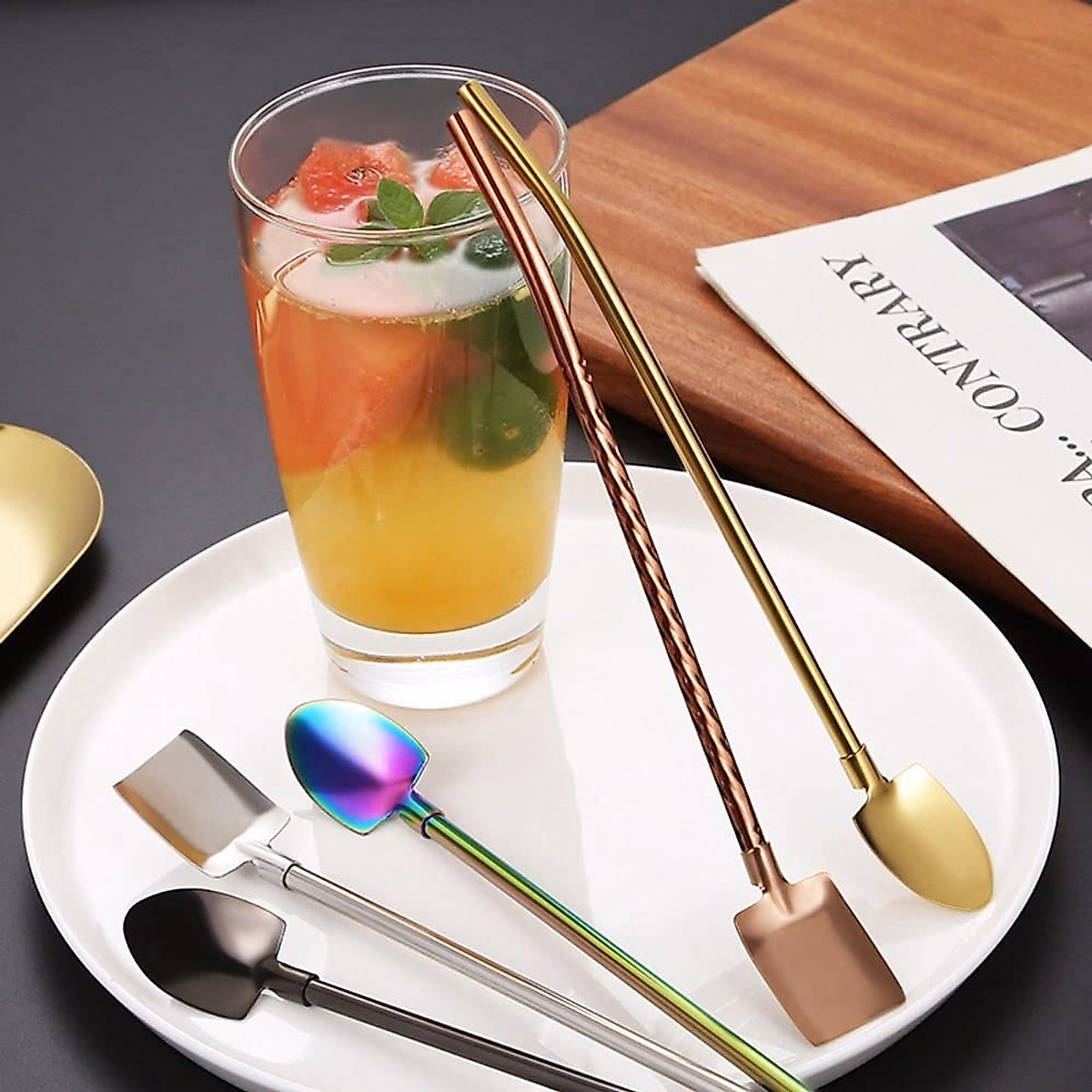 Drinking Spoon Straws Stainless Steel Spoon Straws Reusable Metal Cocktail Spoons Straws For Milkshake, Smoothies(twisted square,gold)