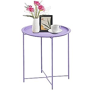 Folding Tray Metal Side Table Purple Green Round End Table Cyan Sofa Small Accent Fold-able Table, Round End Table Tray, Next to Sofa Table, Snack Table for Living Room and Bed Room
