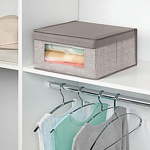 mDesign Medium Fabric Stackable Closet Storage Organizer Box with Front Window/Lid for Bedroom, Office, Mudroom Organization, Hold Clothes, Blankets, Linens, Lido Collection, 2 Pack, Linen/Tan