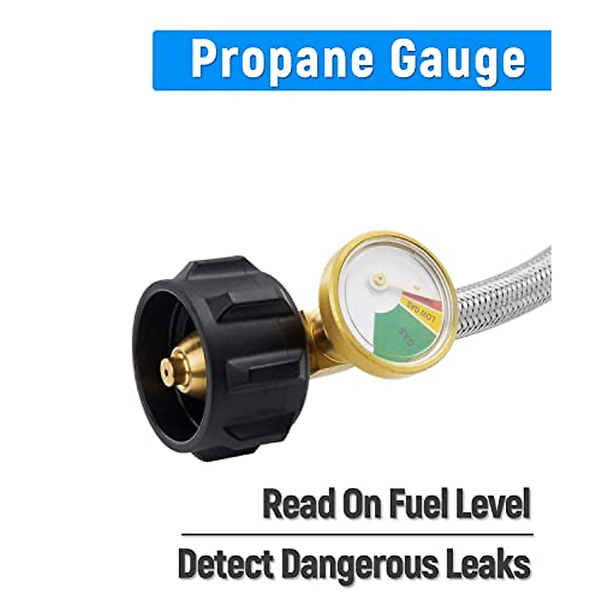 GASPRO 15-Inch RV Propane Hose with Gauge, Stainless Braided Camper Propane Hose for 5-40lb Propane Tanks and Two-Stage Propane Regulator, 1/4-Inch Male NPT x QCC-1, 2-Pack