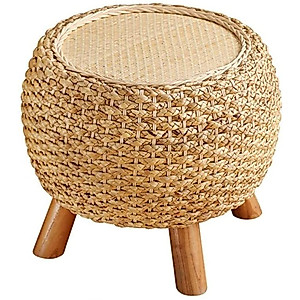 VIXPET Footstool Round Hand-Woven Rattan Footstool, Solid Wood Stool, Designer Dressing Stool, Corridor Shoe Footstool