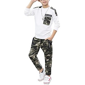 lontakids Boys Camouflage Outfit Teen Long Sleeve T-Shirt + Trousers Clothes Set (4/5, White)