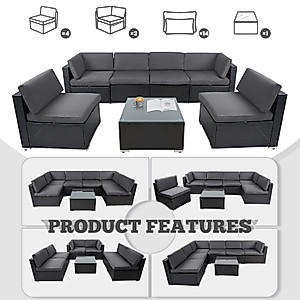 Betterland 7 Piece Outdoor Sectional Sofa Patio Furniture Set, All-Weather PE Rattan Wicker Patio Conversation Set with Washable Cushion and Glass Table(Grey)