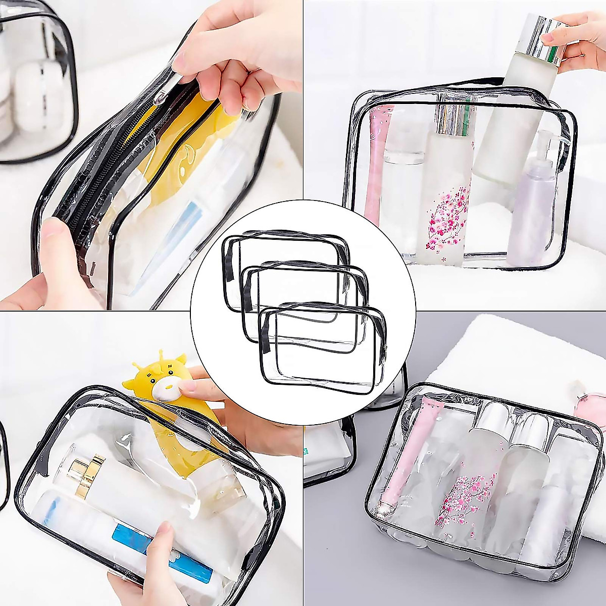 Cosywell Clear Toiletry Bag Quart Size Bag Travel Makeup Cosmetic Bag PVC Toiletries Cosmetic Pouch for Women Men 3PCS (S)