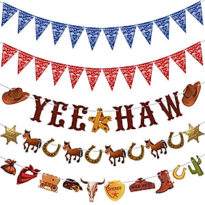 5 Pcs Western Cowboy Party Decorations Bandana Pennant Banner Wild West Banner Cowboy Banner Hanging Western Yee Haw Banner Western Decorations for Cowboy Birthday Party Supplies (Classic Style)