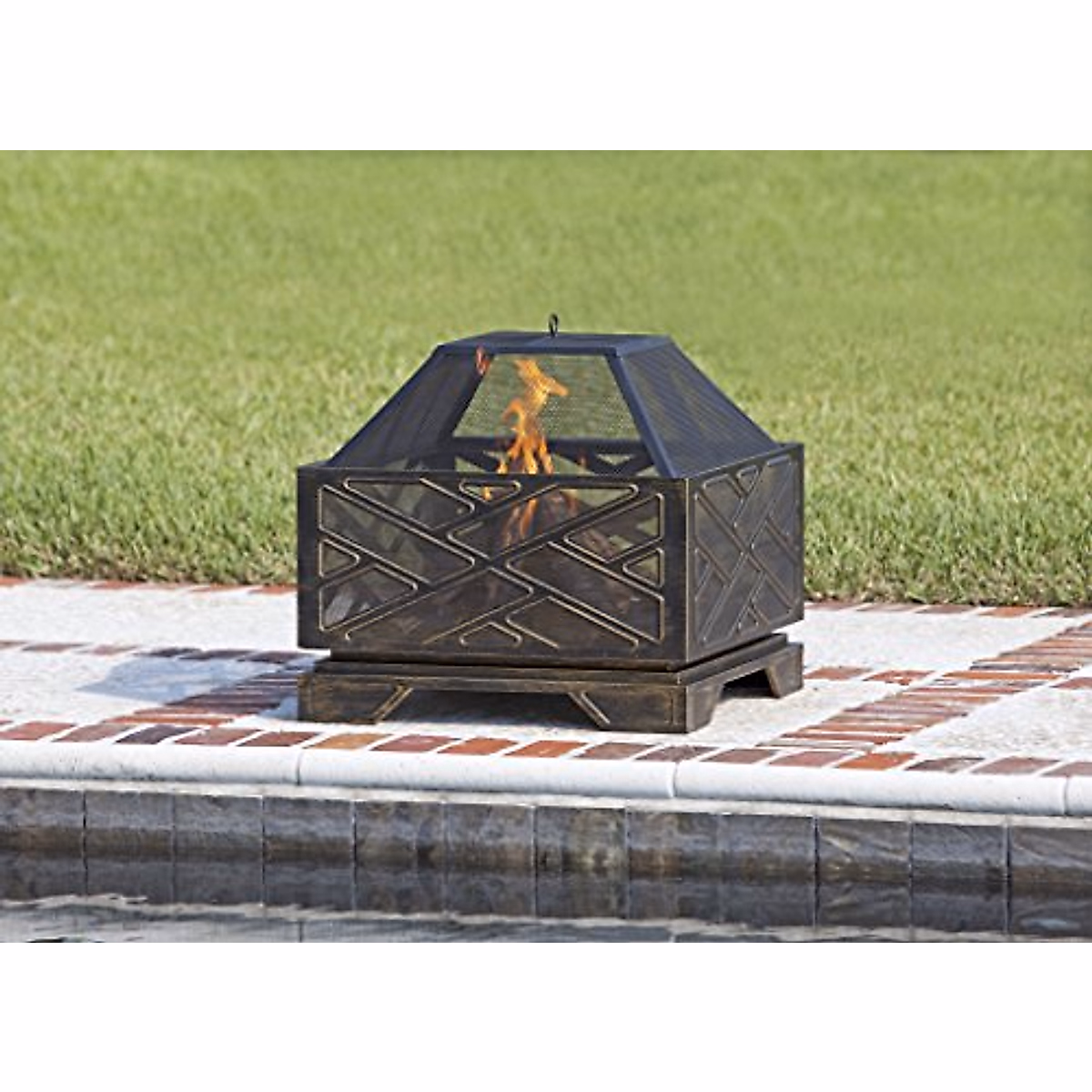 Fire Sense 62239 Fire Pit Catalano Wood Burning Lightweight Portable Outdoor Firepit Backyard Fireplace for Camping Bonfire Included Screen Lift Tool & Cooking Grate - Square - Antique Bronze Finish