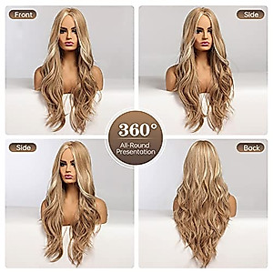 OMELPIS Stylish Long Blonde with Highlights Wavy Wig Middle Part Curly Natural Heat Resistant Fiber Synthetic Wig for Women Girls Daily Party Holiday Festival Chrismas Travel Use (26 Inches/66cm)