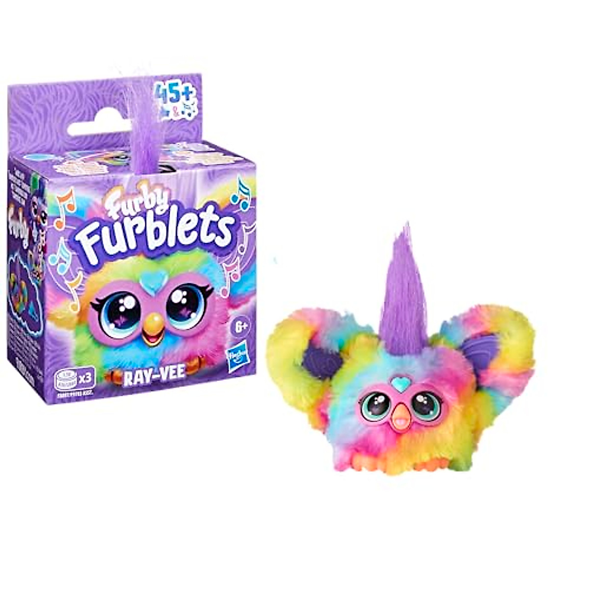 Furby Furblets Ray-Vee Mini Friend, Electronica Music, Speaks Only Furbish, Electronic Plush Toys for Girls & Boys, Interactive Pets, Rainbow, Easter Basket Stuffers, 6+